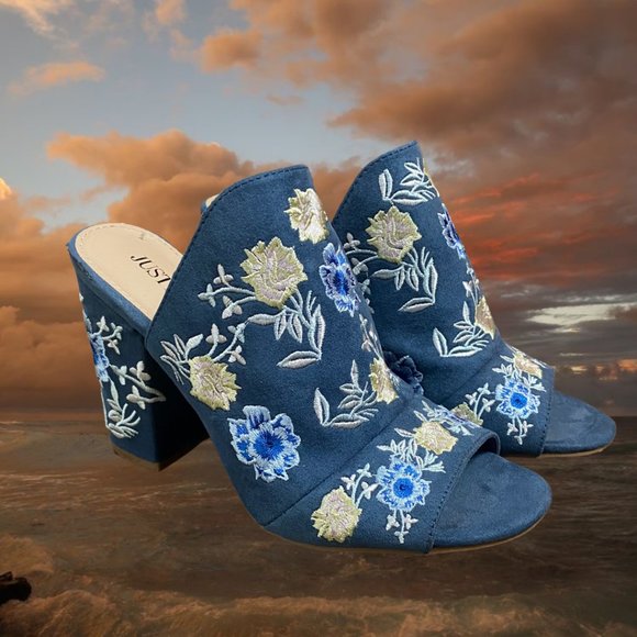 JustFab | Shoes | Nwot Justfab 65 Esther Blue Embroidered Open Toe ...